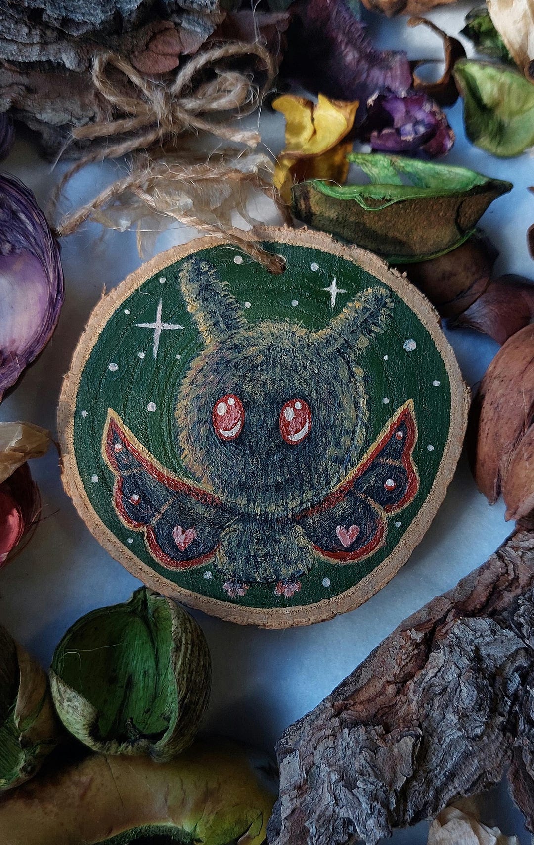 Baby Mothman - Mini Acrylic Painting Natural Wood Round - Cute Spooky ...