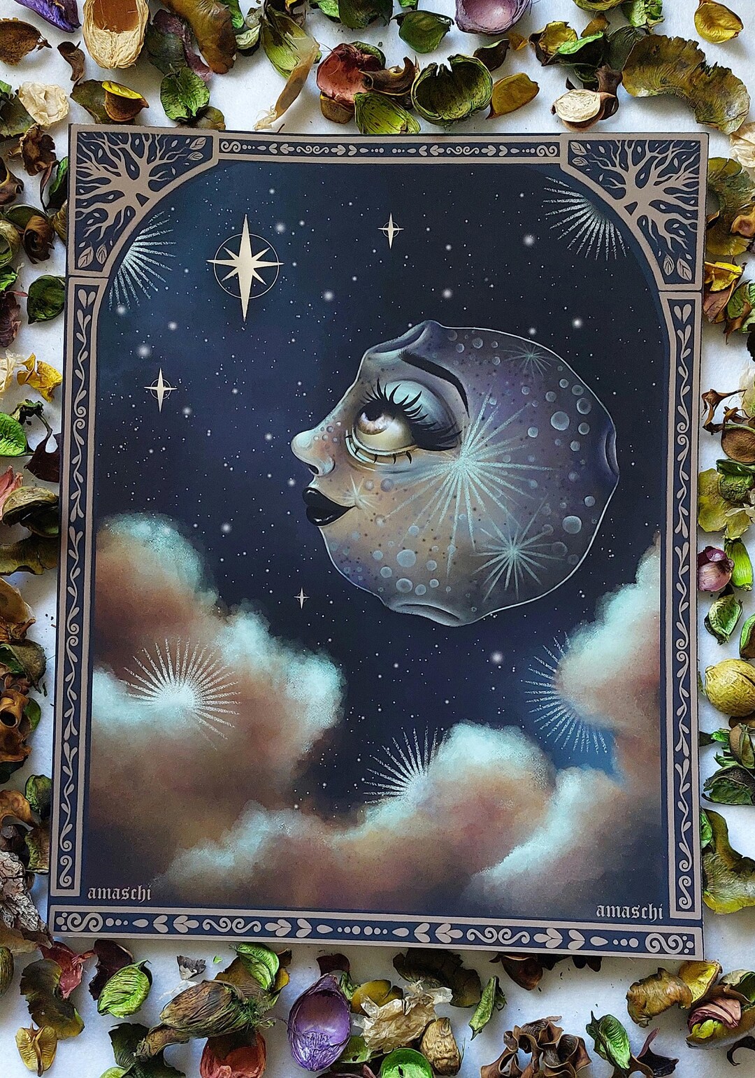 Celestial Art Print - Large 11x14 Drawing Stars Cute Spooky Moon Goth ...