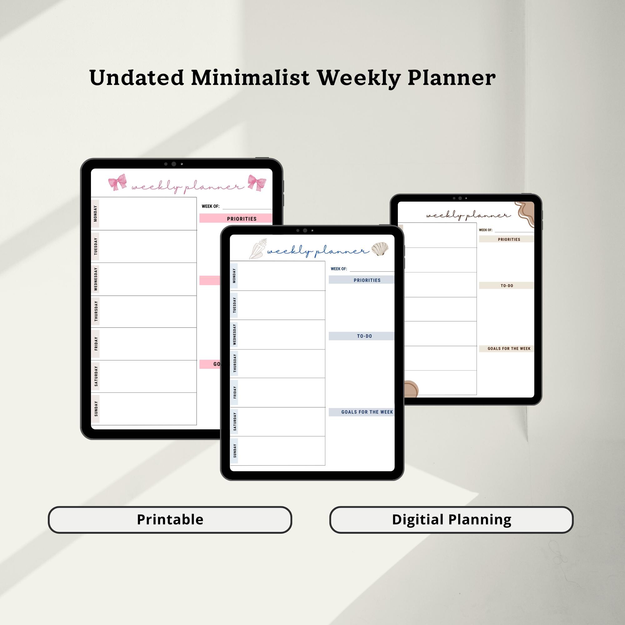 Minimalist Weekly Planner, Printable, PDF for iPad & Tablet, Weekly ...