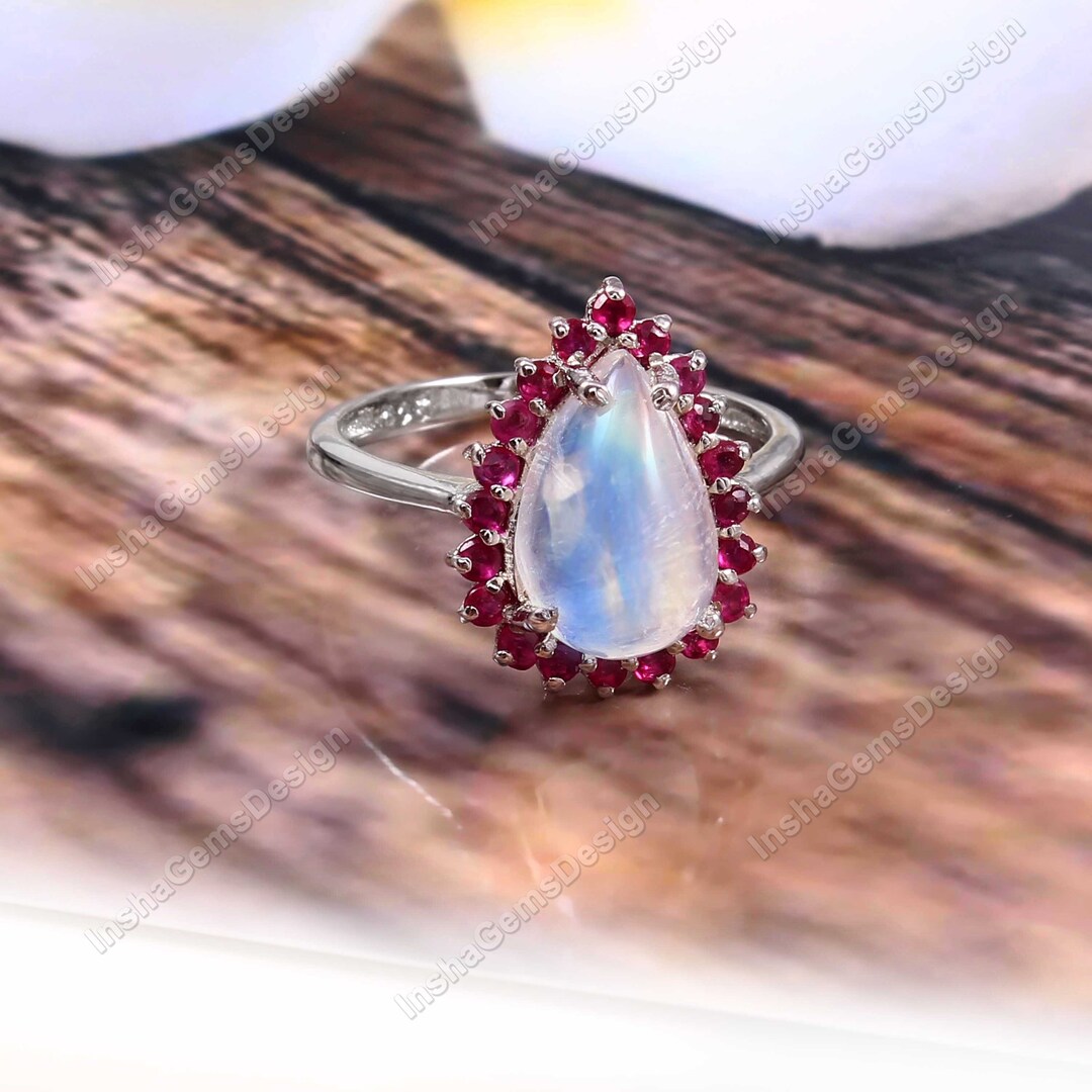 Natural Rainbow Moonstone & Ruby Ring Engagement Ring - Etsy UK