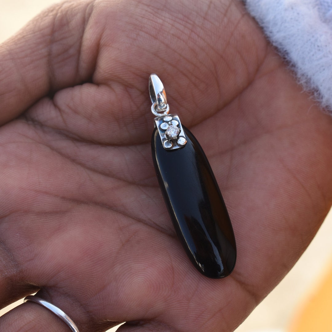 Sterling Silver Oval Black Onyx Pendant Necklace: Handmade Gemstone ...