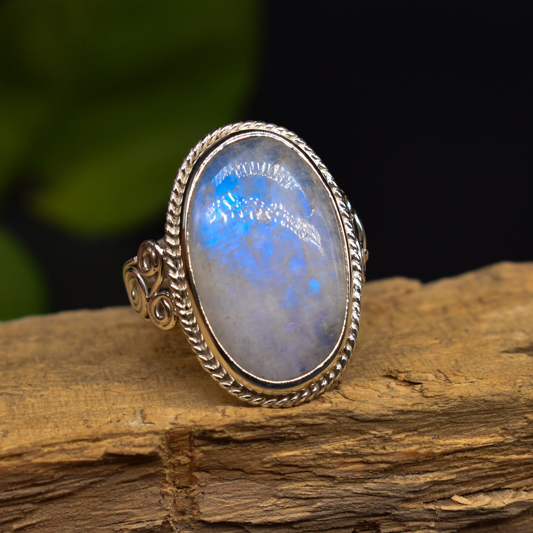 Large Moonstone Ring, Blue Fire Gemstone, Rainbow Moonstone Ring, 925 ...