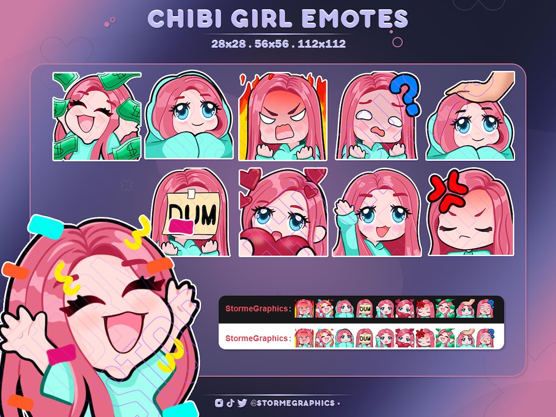 Girl Chibi Twitch Emotes Pack, Girly Discord Emojis, Female Streamer ...