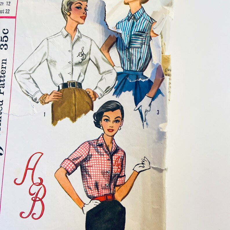 1950s Vintage Sewing Pattern Button Down Blouses Long and Shortsleeve ...