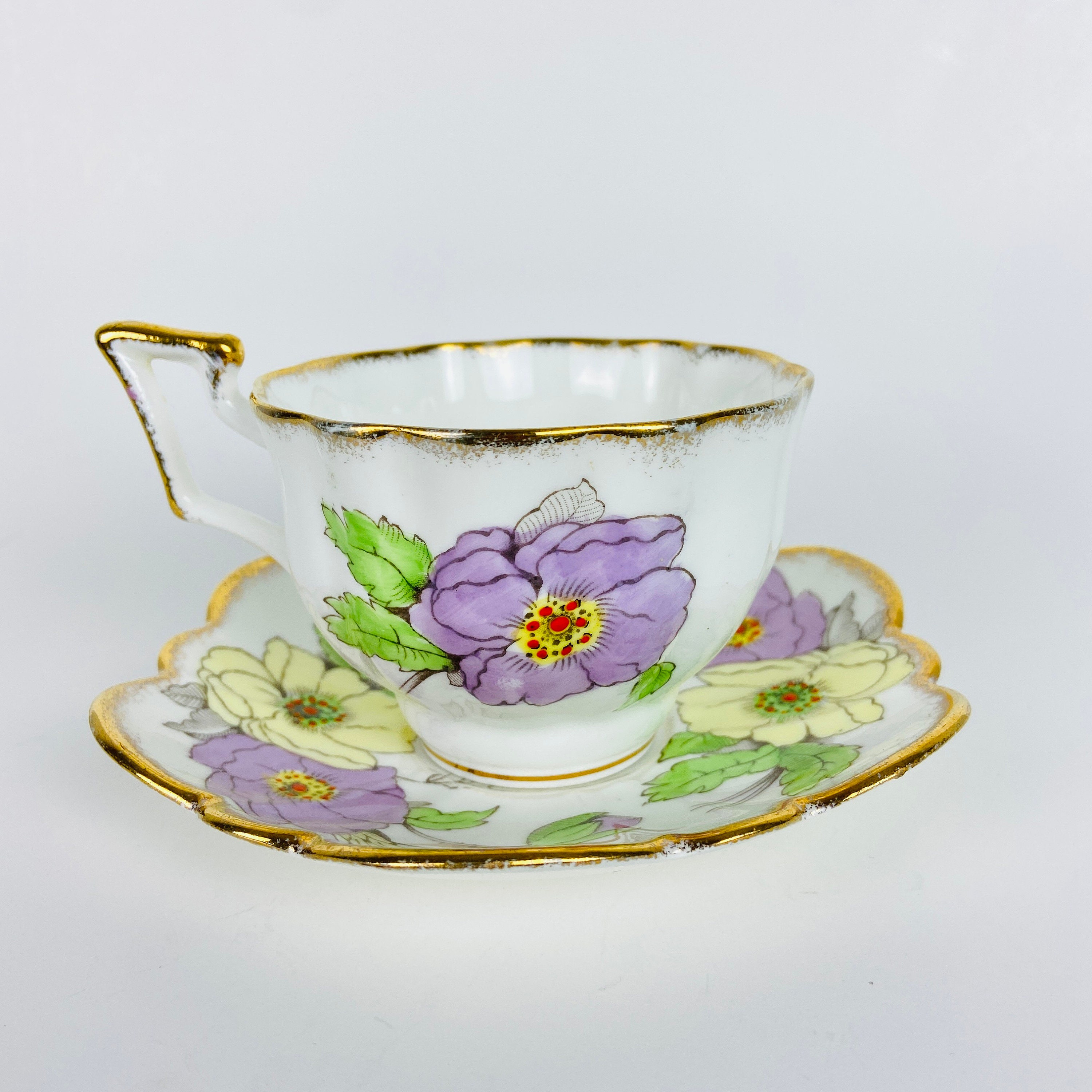 Corn Poppy Salisbury Teacup and Saucer Lavender and Yellow Flowers ...