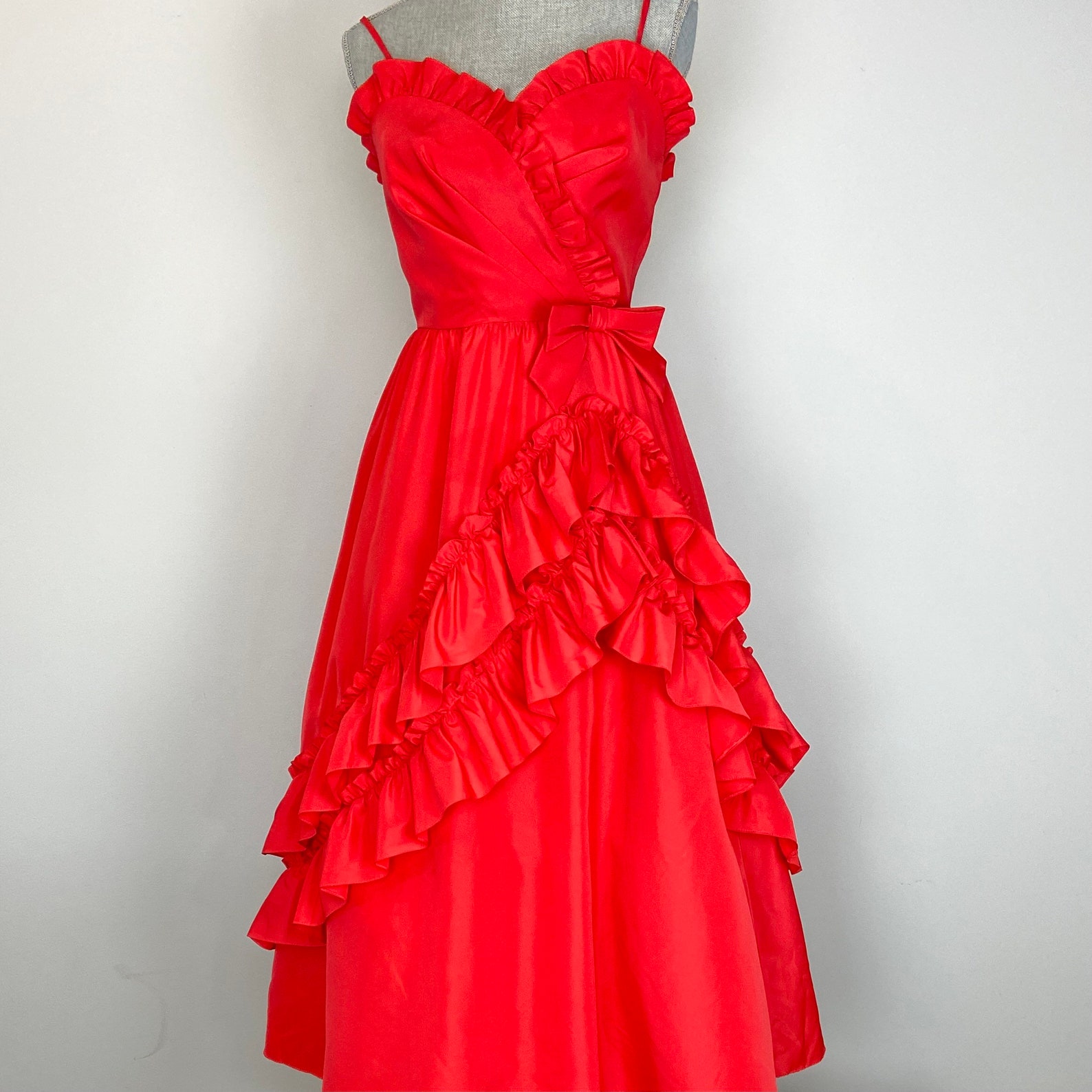 1960s 1970s Party Time Fashions Red Dress. Sweetheart Neck Ruffles and ...