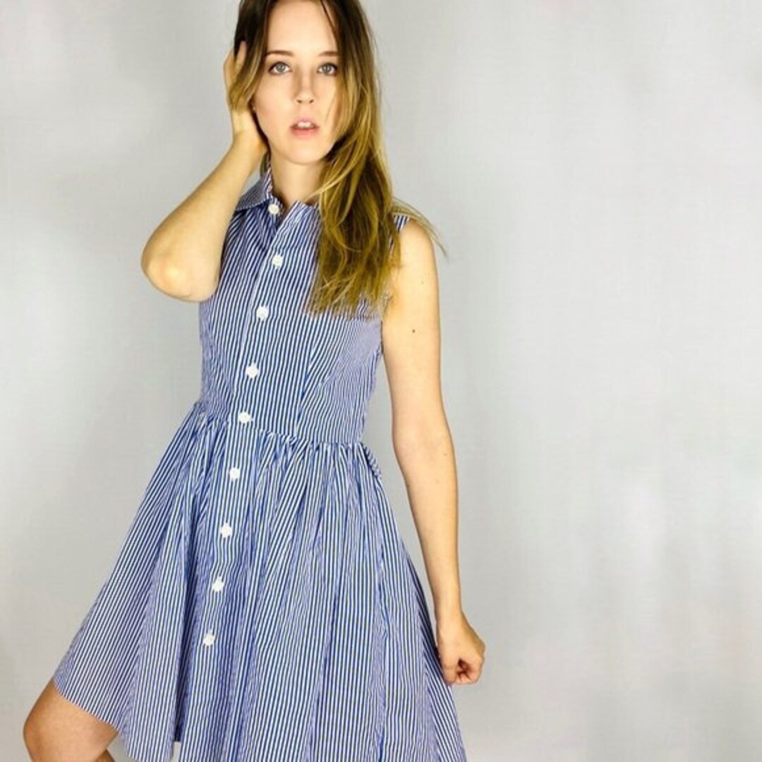 90s Blue White Striped Button Down Collared Shirt Dress - Etsy