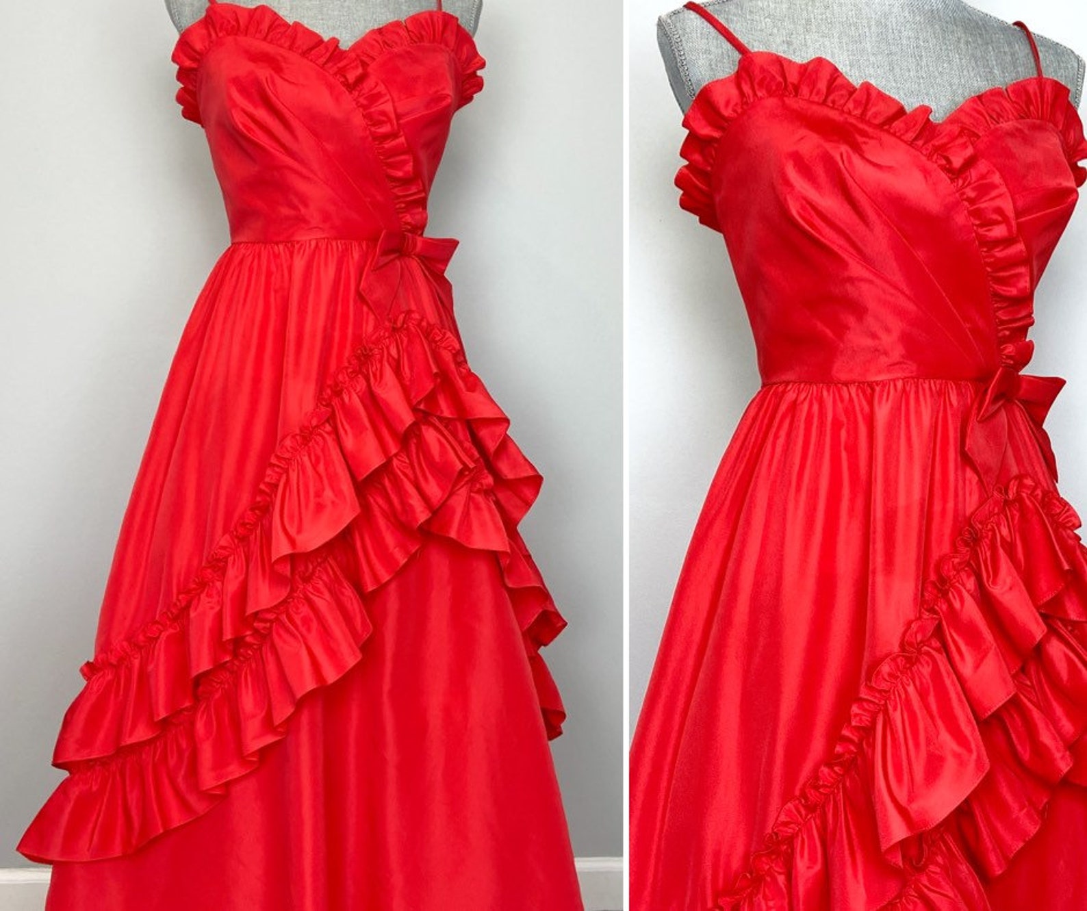 1960s 1970s Party Time Fashions Red Dress. Sweetheart Neck Ruffles and ...