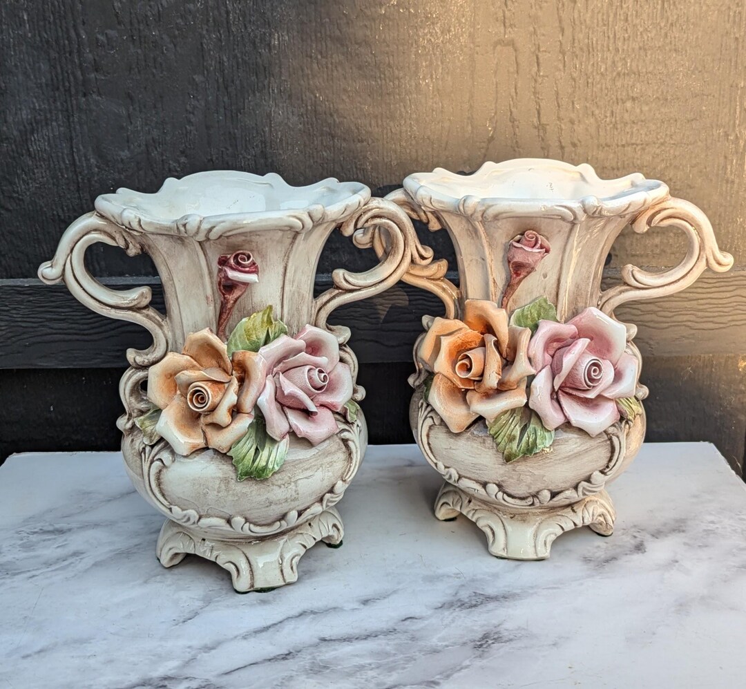 Pair of Vintage Italian Capodimonte Floral Vases - Etsy