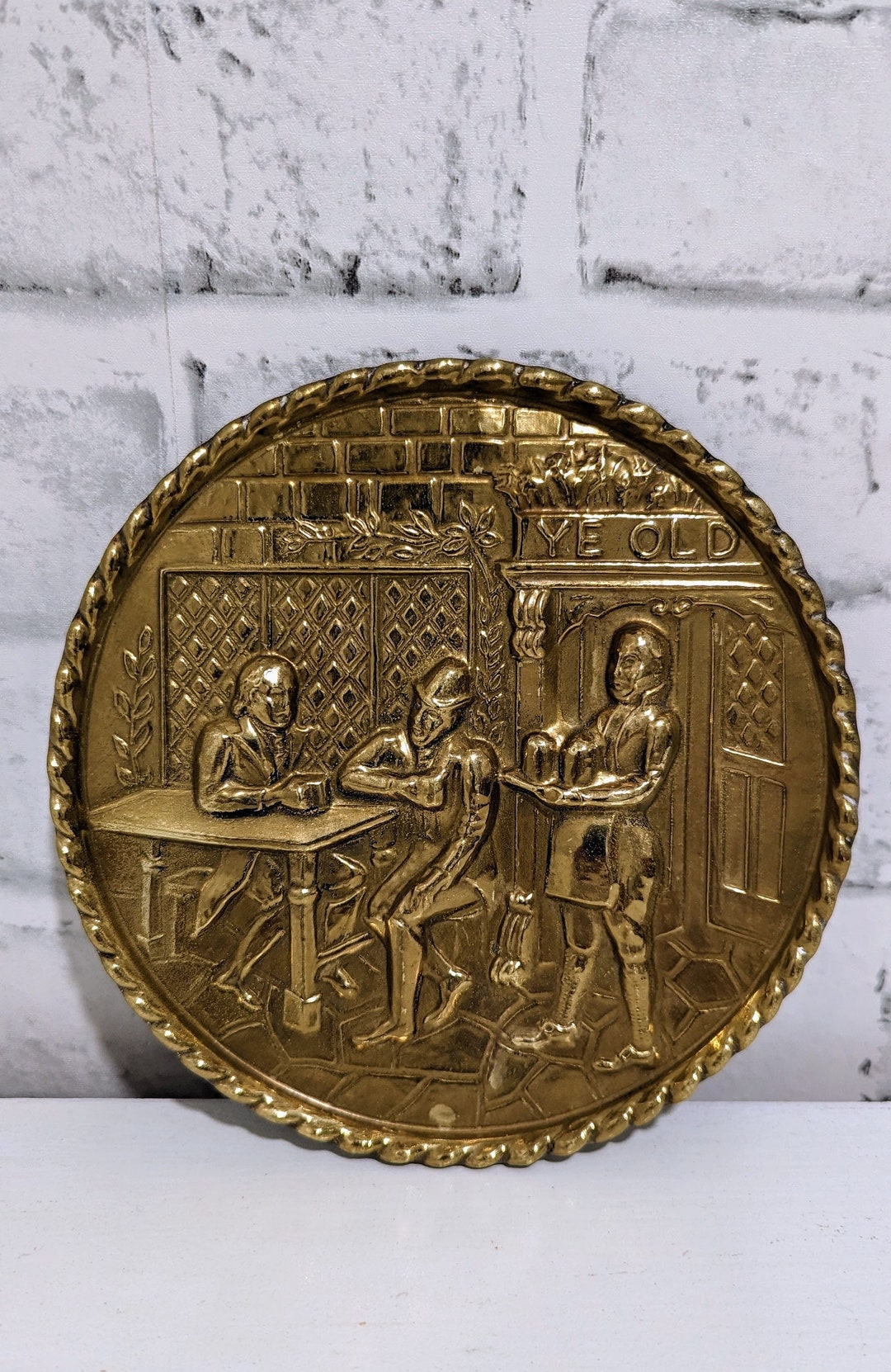 Vintage English Brass Repousse Wall Plaque| Brass Tavern Scene Wall ...