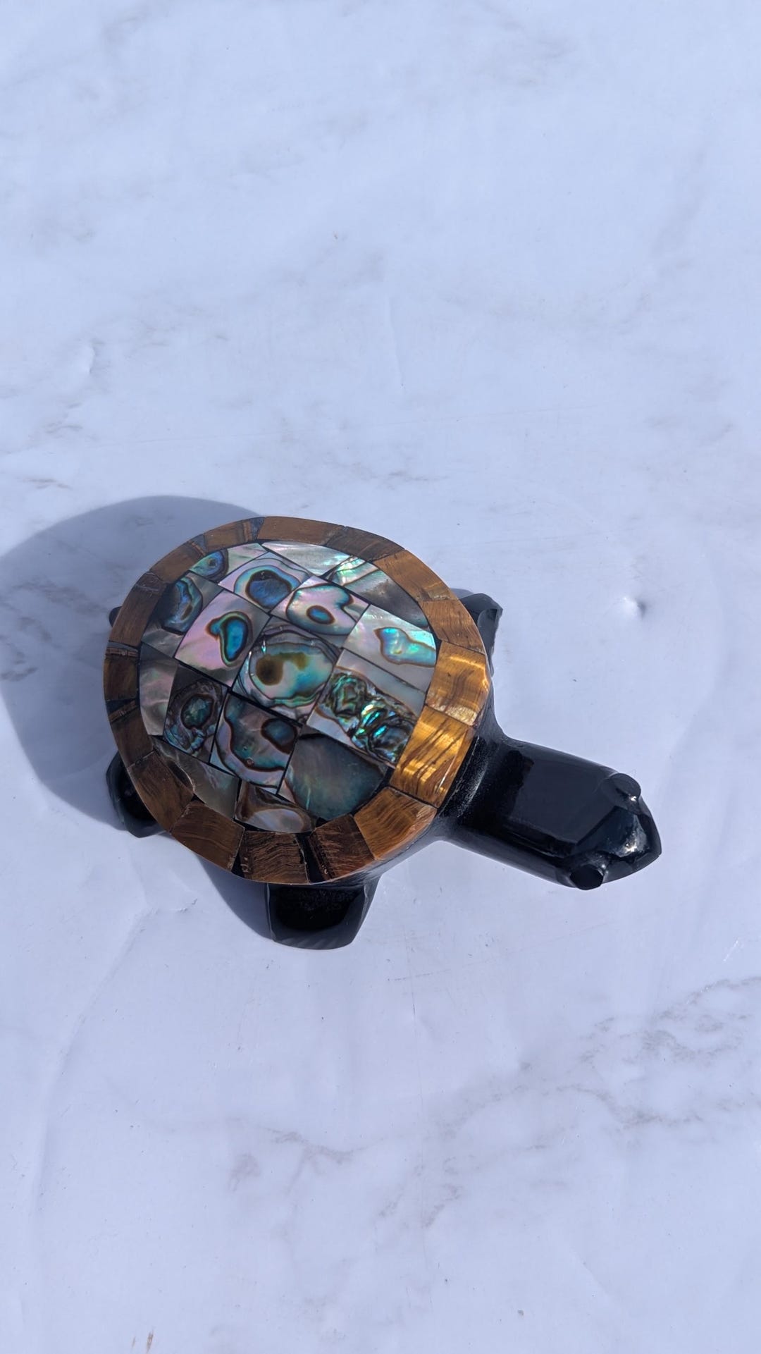 Vintage Hand Carved Polished Black Obsidian Turtle With Abalone Inlay ...