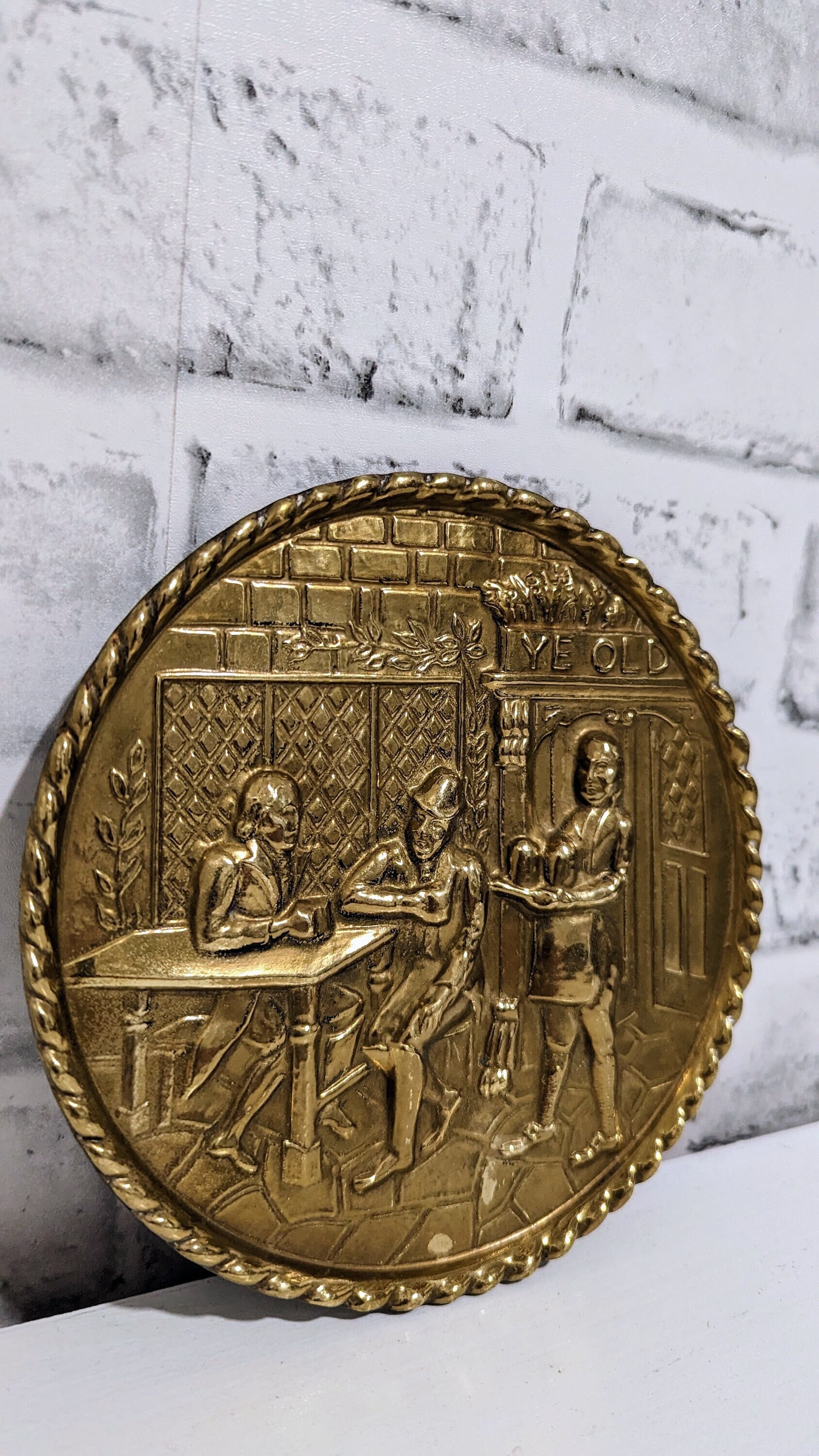 Vintage English Brass Repousse Wall Plaque| Brass Tavern Scene Wall ...