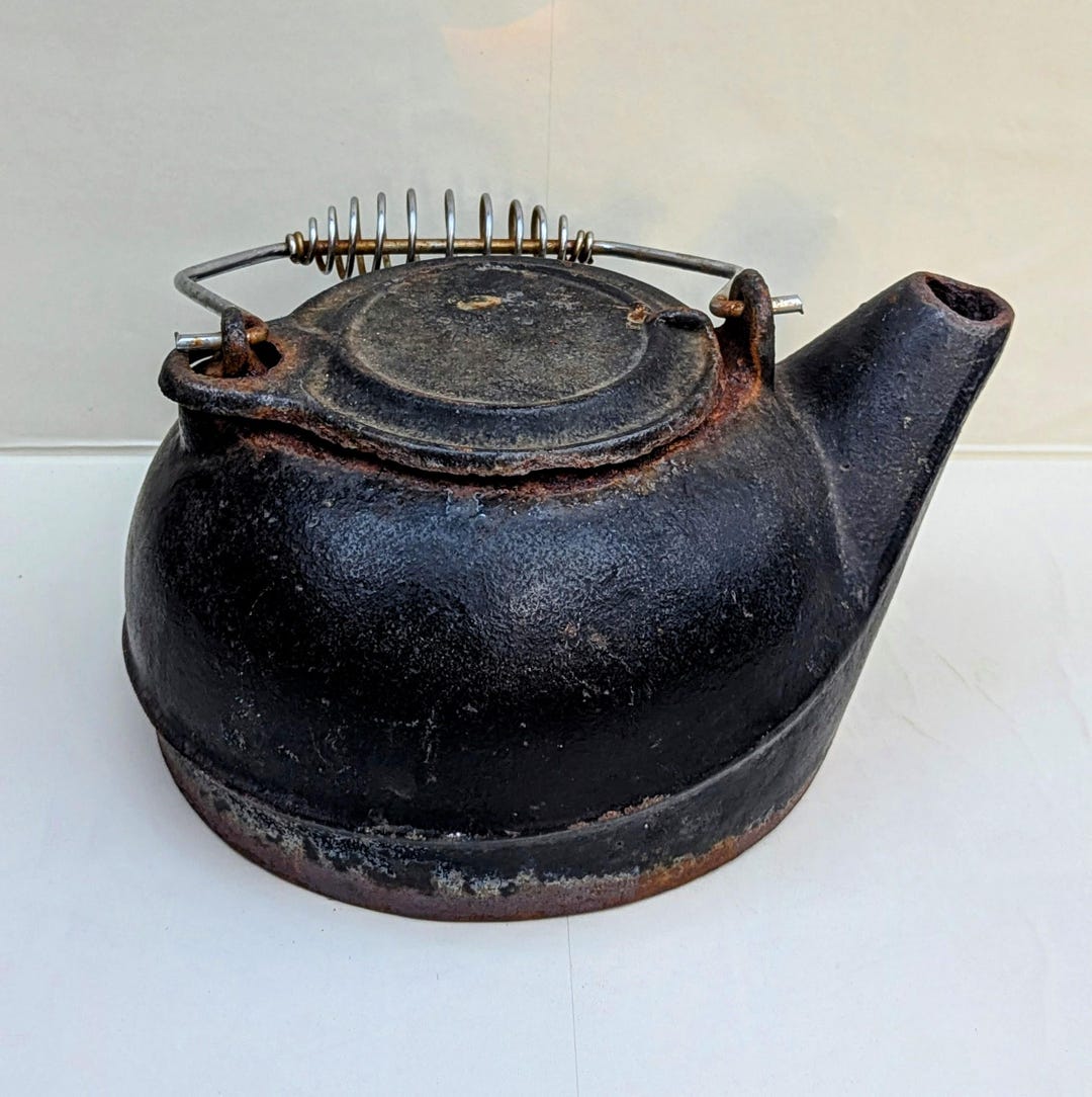 Vintage Cast Iron Tea Kettle Wire Handle Swivel Lid| Camp Heavy Coffee ...