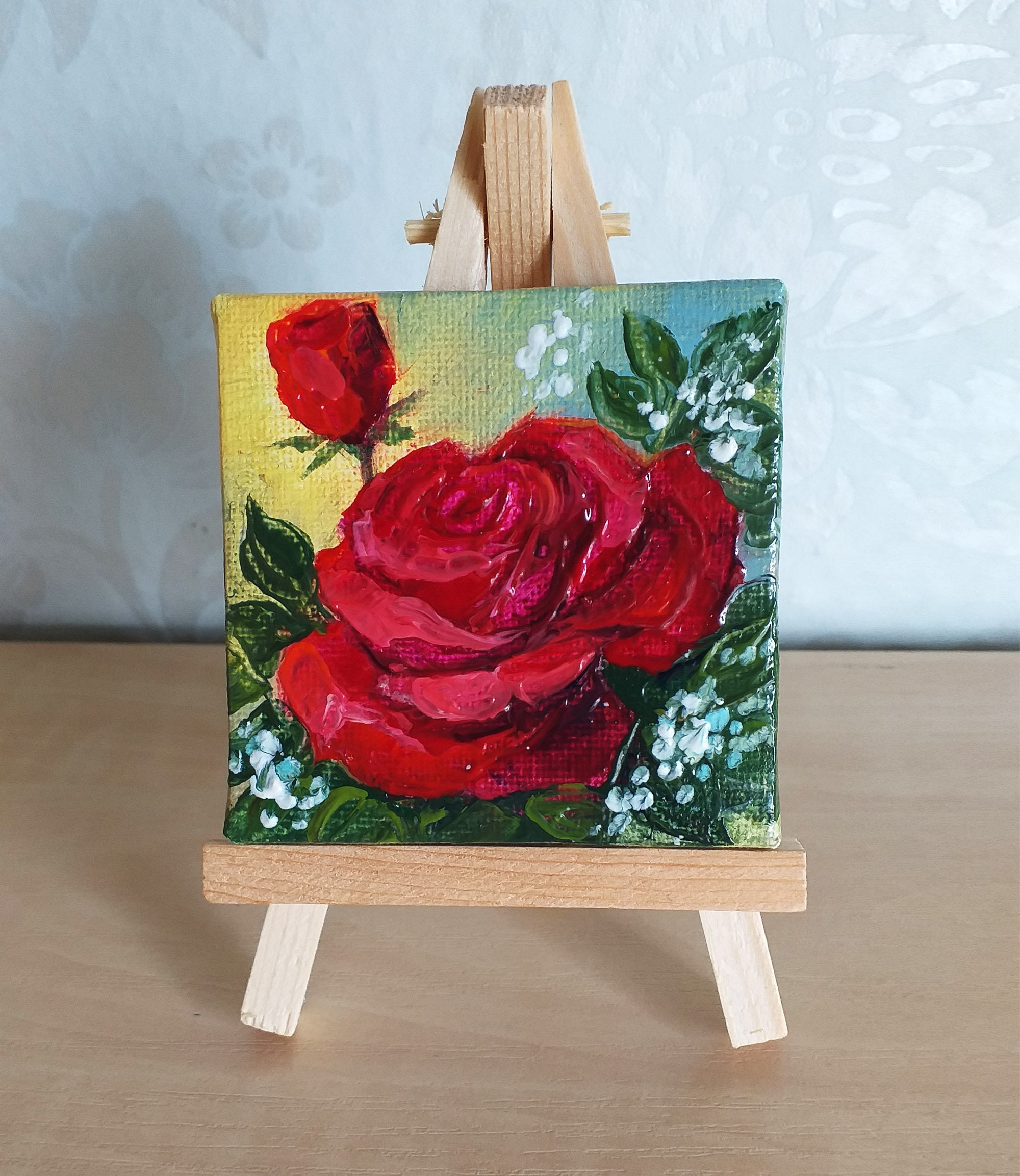Red Rose Painting Floral Original Art Flower Small Oil Painting 3 by 3 ...