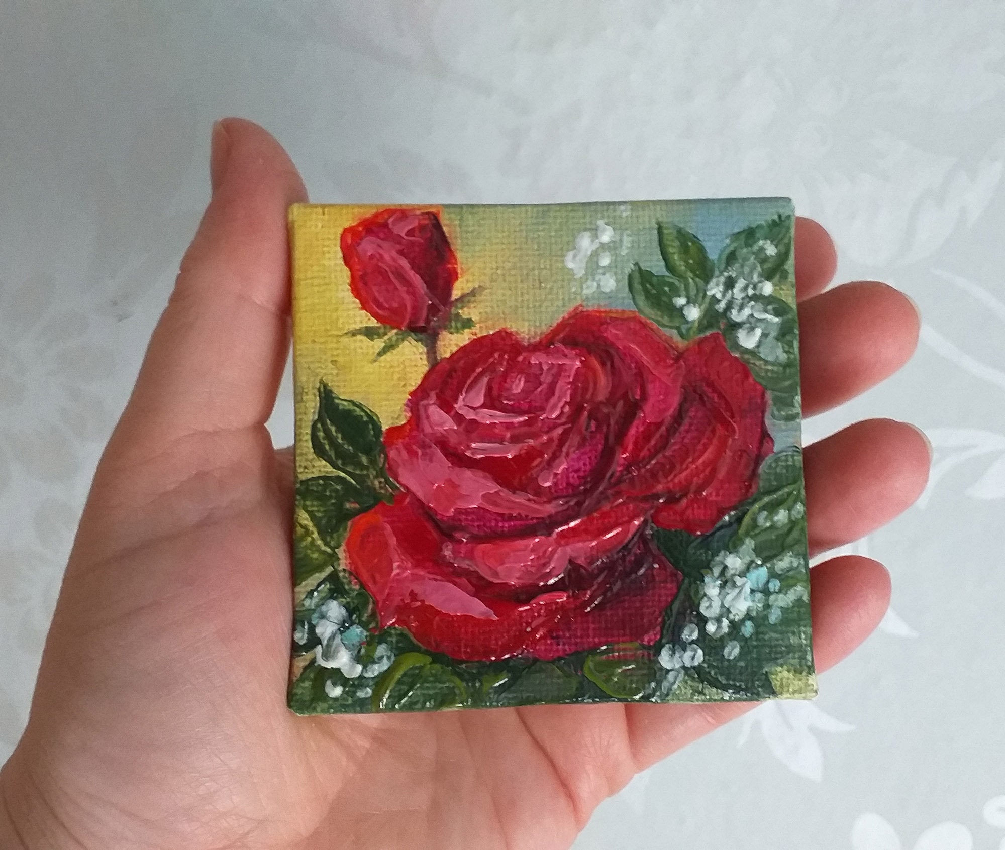 Red Rose Painting Floral Original Art Flower Small Oil Painting 3 by 3 ...
