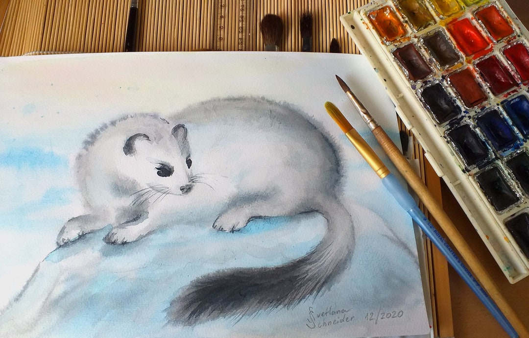 Ermine Painting Watercolor Original Art Winter Animal Wall Art - Etsy