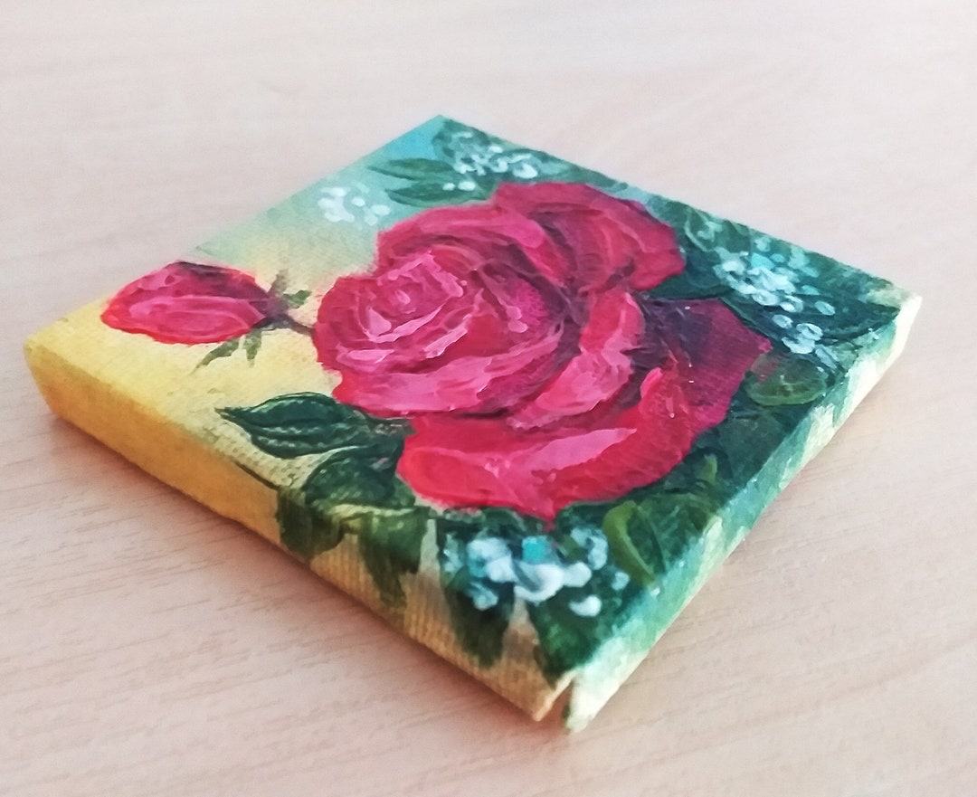 Red Rose Painting Floral Original Art Flower Small Oil Painting 3 by 3 ...