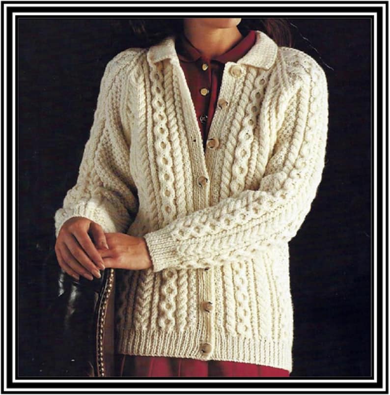Knitting Pattern Ladies Traditional Classic Aran Cardigan Jacket Size ...