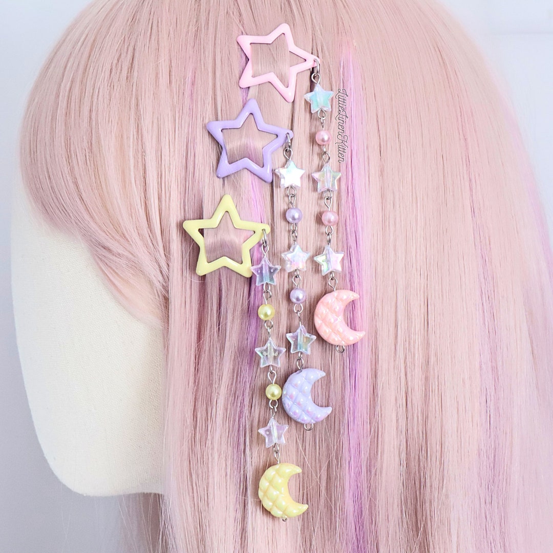 Kawaii Moon Hair Clips With Iridescent Star Beads Available in Pastel ...