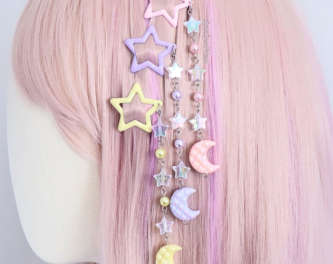 Kawaii Moon Hair Clips With Iridescent Star Beads Available in Pastel ...