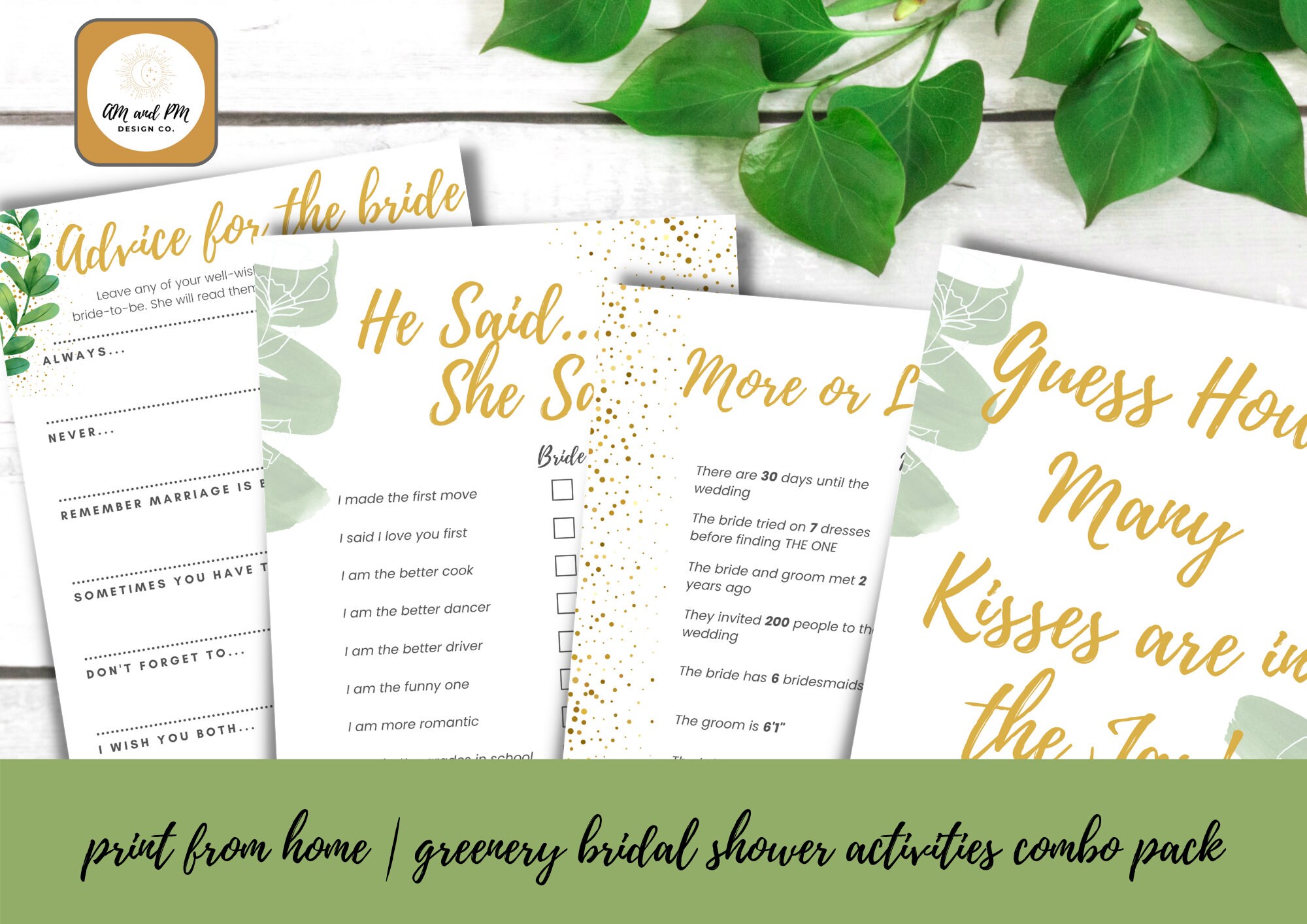 PRINTABLE Bridal Shower Activities Combo Pack | Greenery & Gold ...