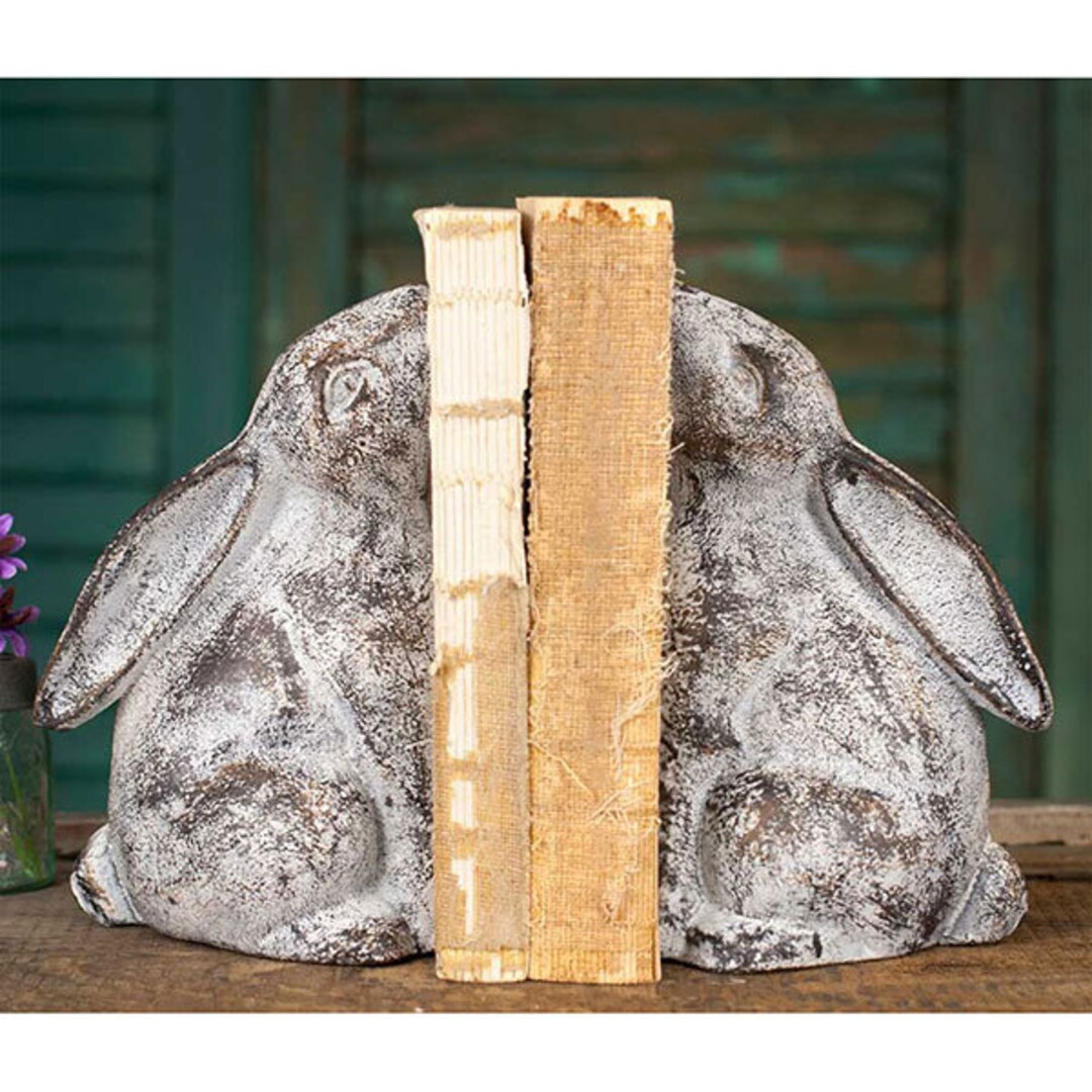Set of Two Rustic Bunny Cast Iron Rabbit Bookends Farmhouse Rustic Cast ...