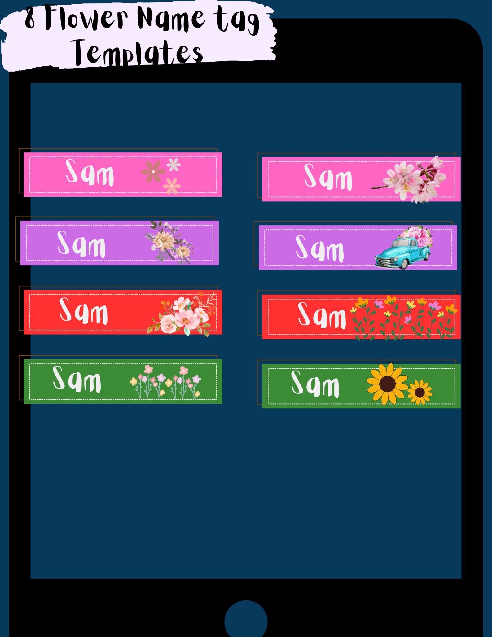 8 Instant Download Flower Name Tags, Editable Floral Templates, Flower ...