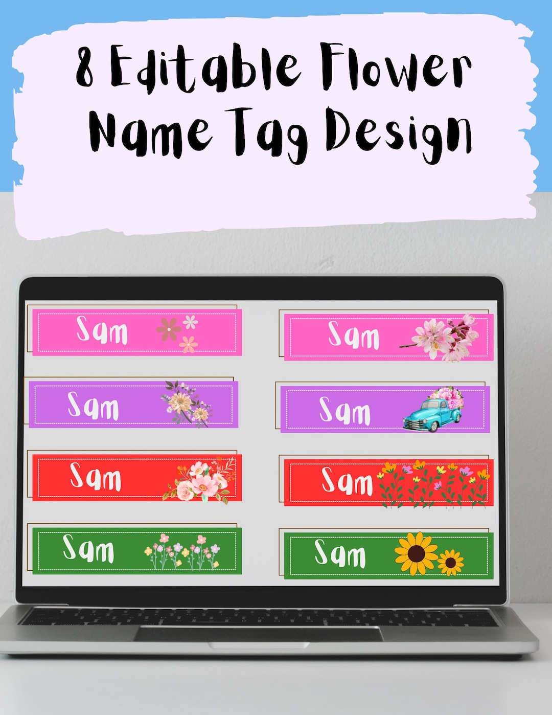 8 Instant Download Flower Name Tags, Editable Floral Templates, Flower ...
