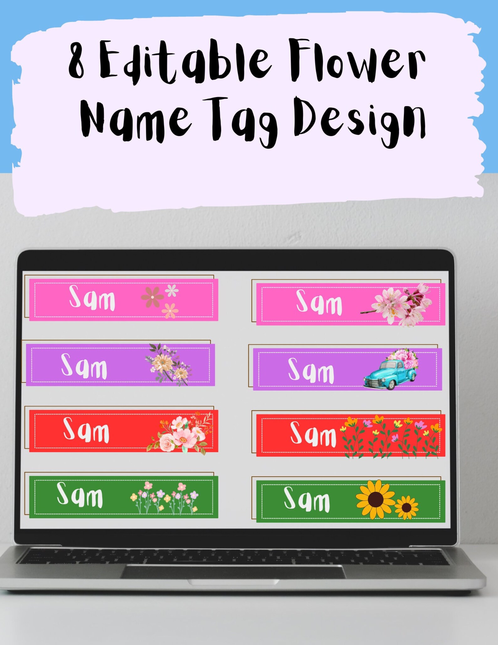 8 Instant Download Flower Name Tags, Editable Floral Templates, Flower ...