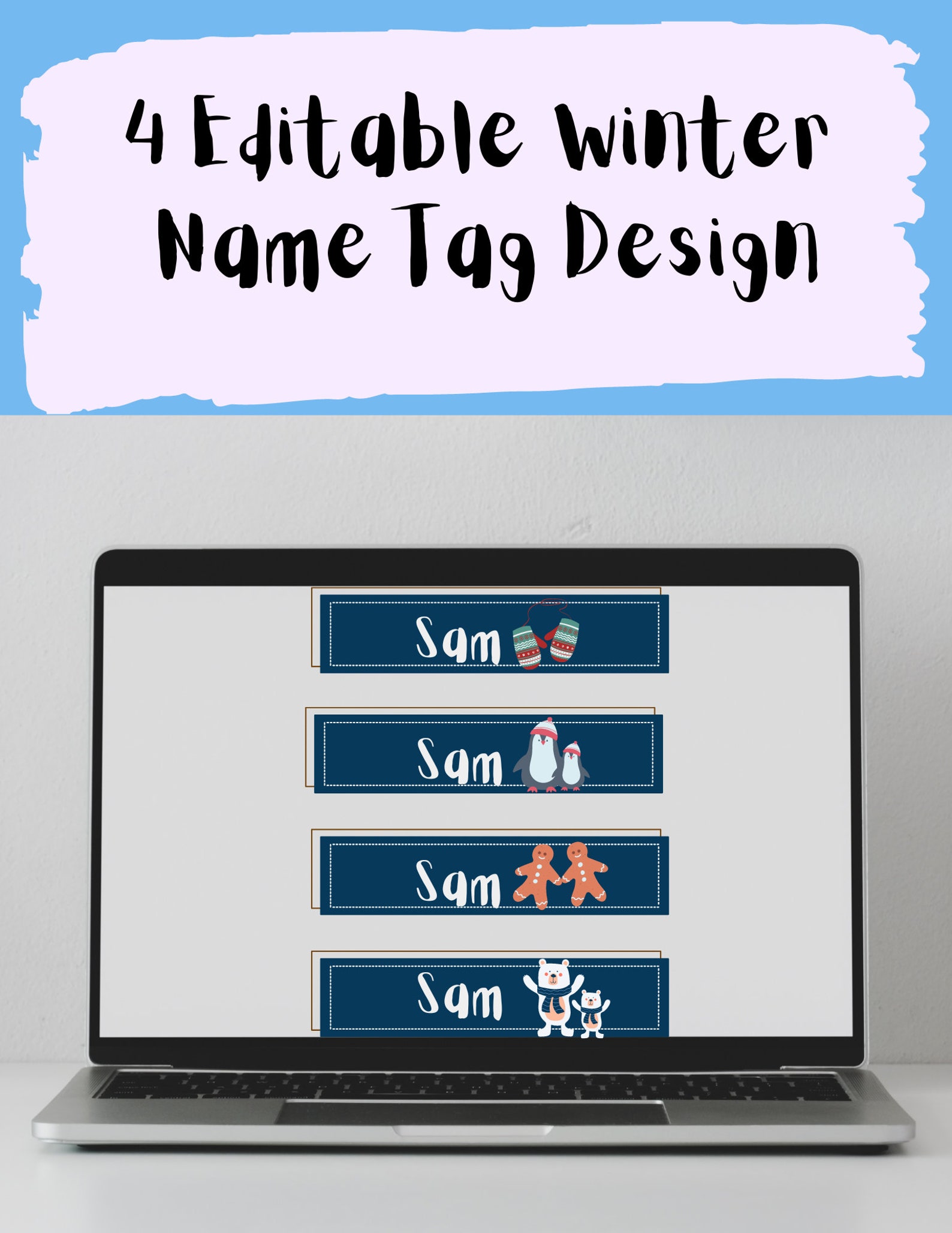 4 Editable Winter Desk Name Tag for Student, Desk Name Tag Student ...