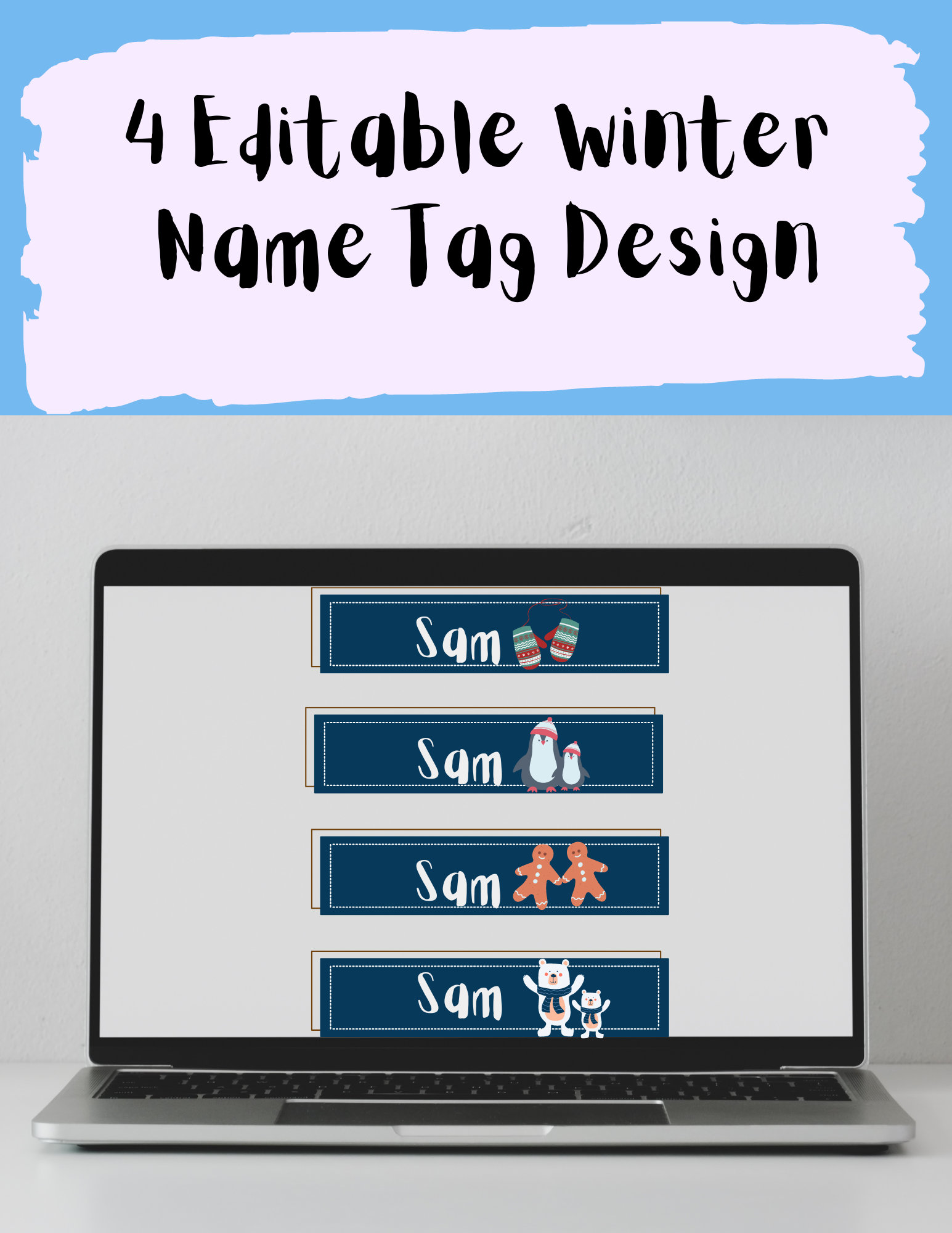 4 Editable Winter Desk Name Tag for Student, Desk Name Tag Student ...