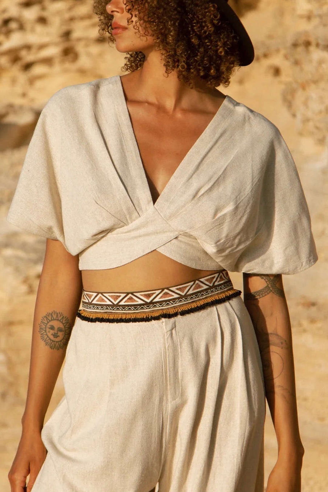 Linen V- Neck Knot Back Crop Top ∆ Linen Summer Tops ∆ Linen Wrap Top ∆ ...