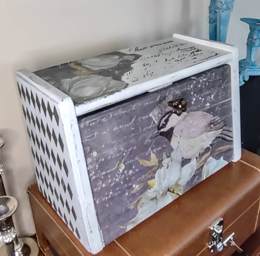 Bread Box, Hand Painted Bread Box, Chalk Painted, Haint Blue, Decoupaged Furniture, Kitchen ...