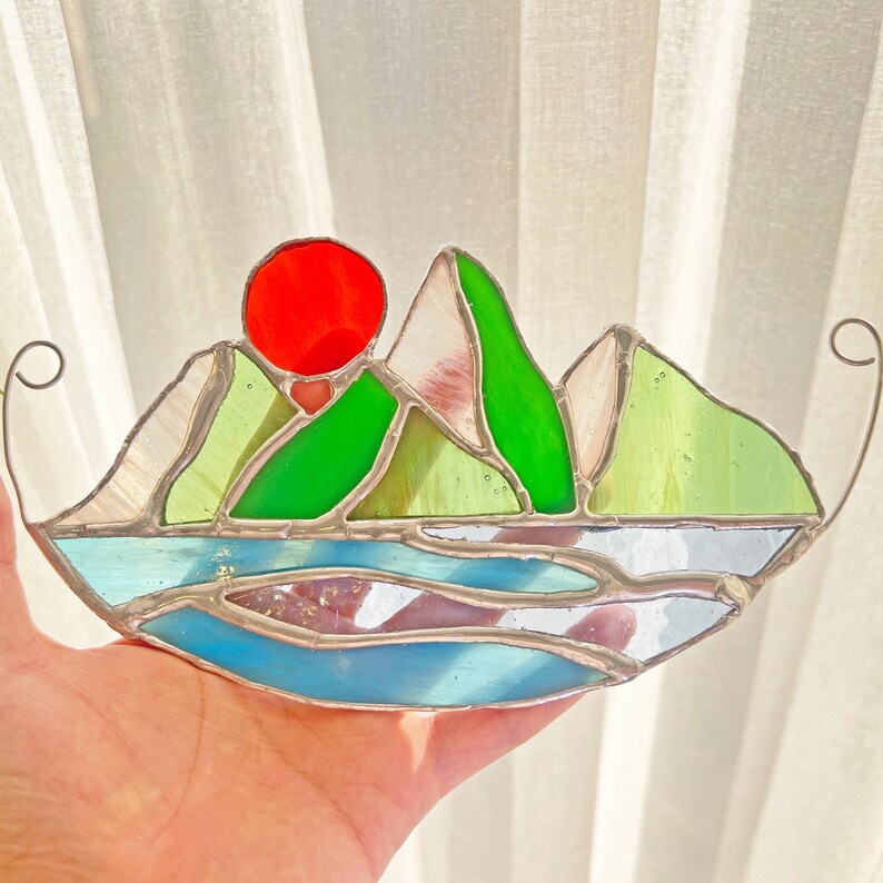 Sun Mountains River Stained Glass With Sunset Ornament Mountains ...