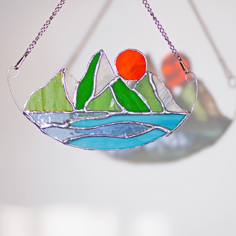 Sun Mountains River Stained Glass With Sunset Ornament Mountains ...