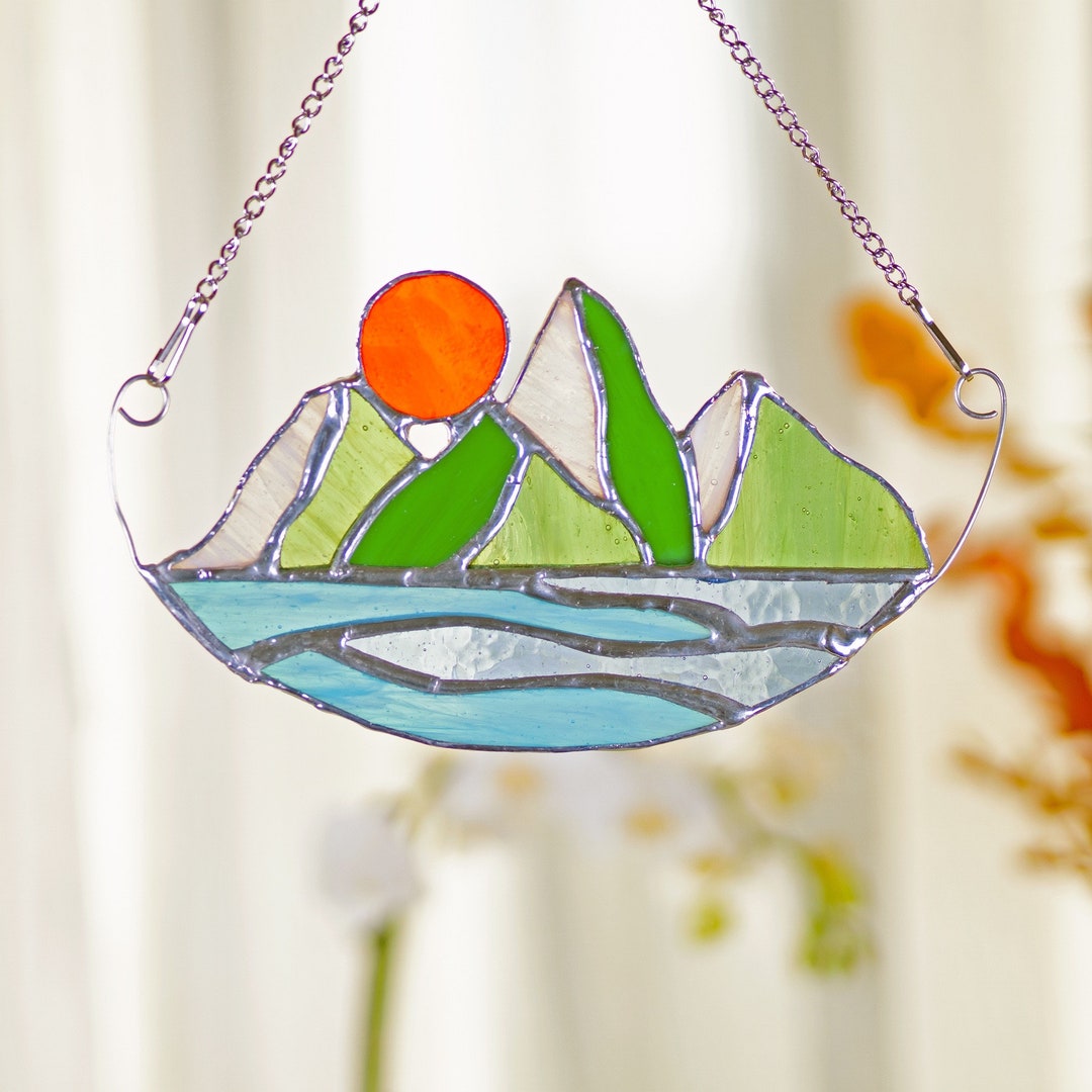 Sun Mountains River Stained Glass With Sunset Ornament Mountains ...