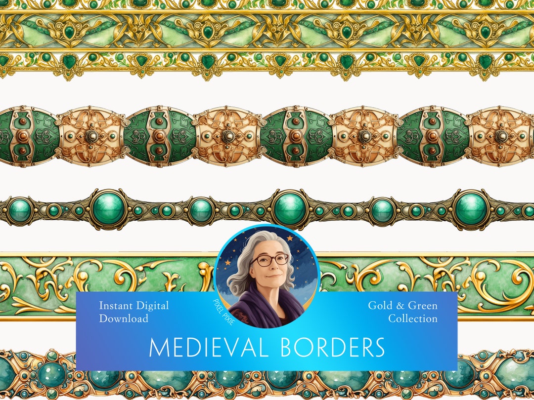 Medieval Borders in Green and Gold, Digital Download, Junk Journal ...