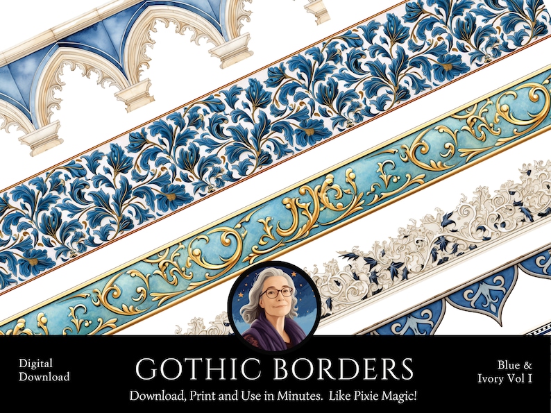 Medieval Gothic Borders: Blue & Ivory Clipart, 35 PNG Designs ...