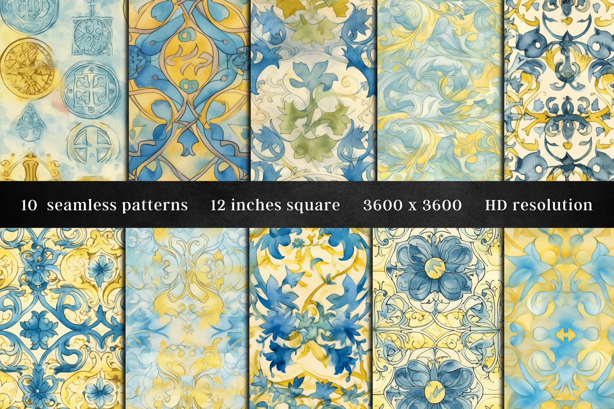 Medieval Watercolor Backgrounds in Blue and Yellow Seamless Digital ...