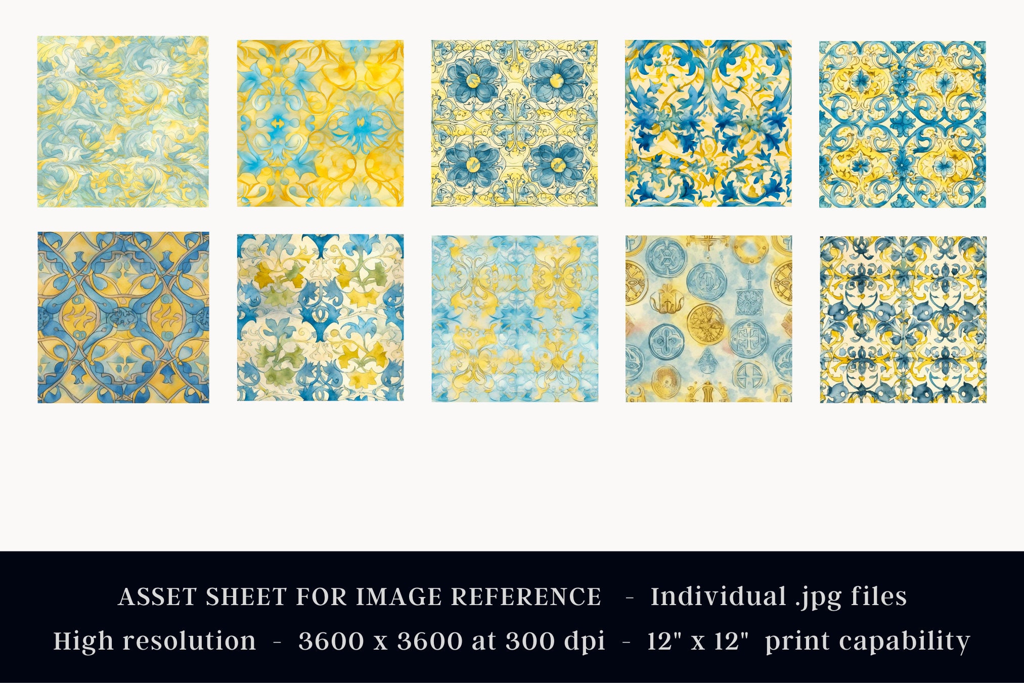 Medieval Watercolor Backgrounds in Blue and Yellow Seamless Digital ...