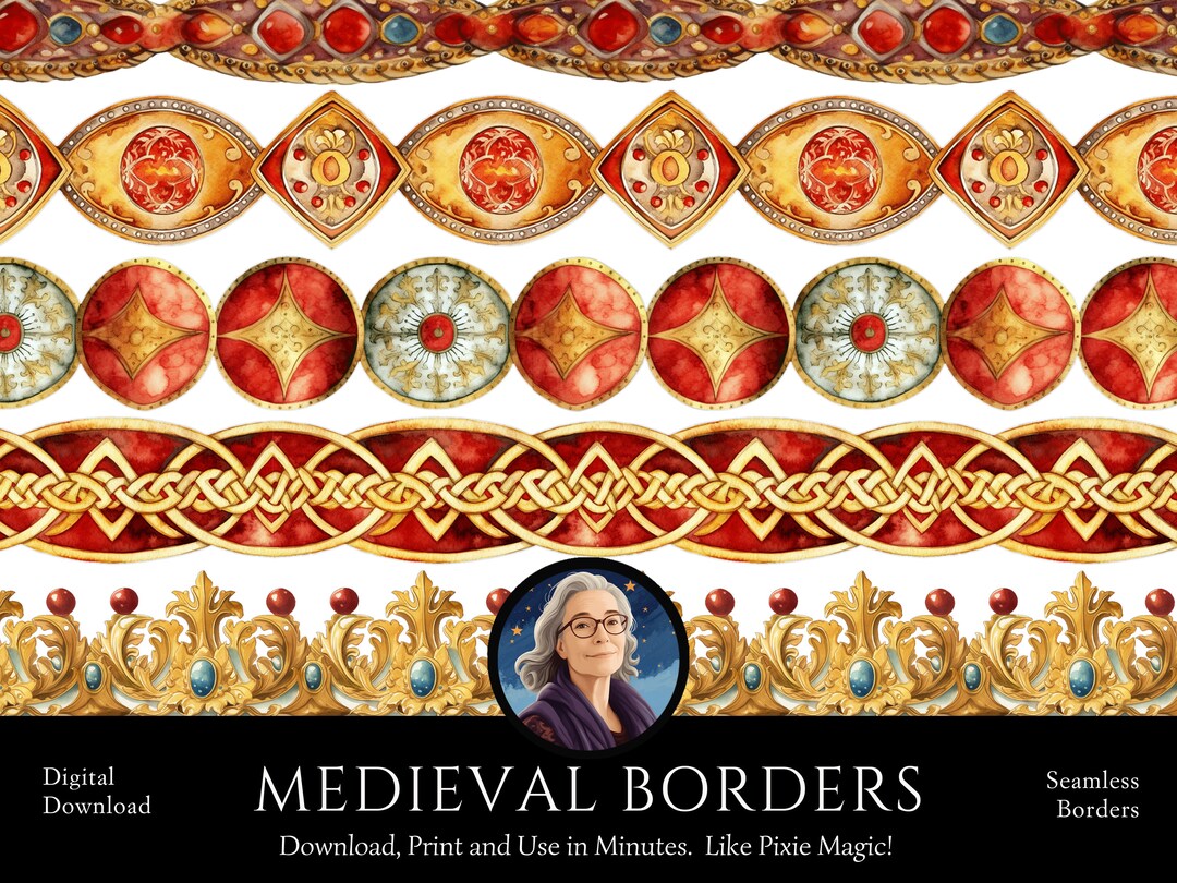 Medieval Gothic Borders: Red & Gold Seamless Clipart (PNG Digital ...
