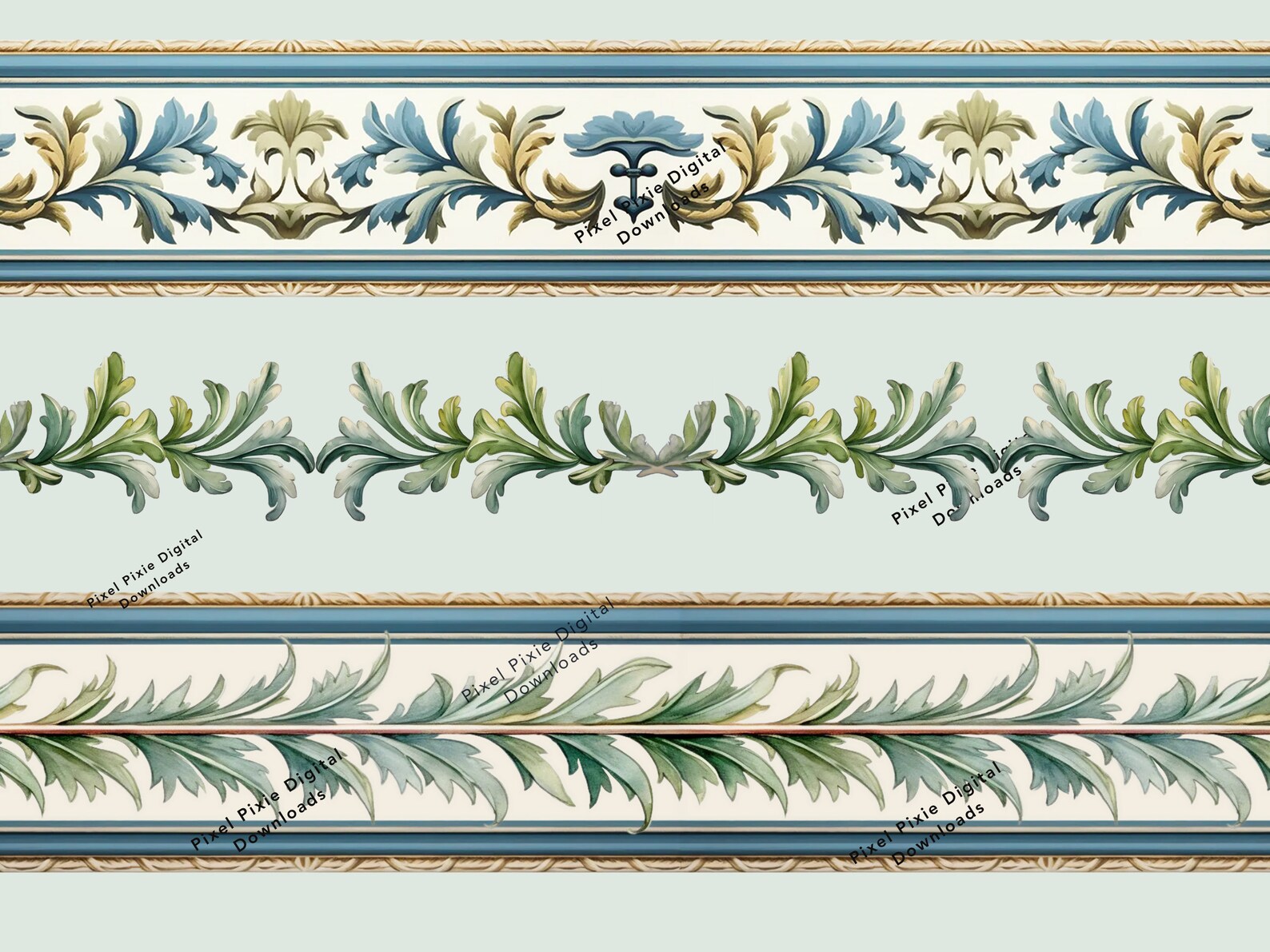 Watercolor Acanthus Foliage Borders: Seamless PNG Clipart (digital ...