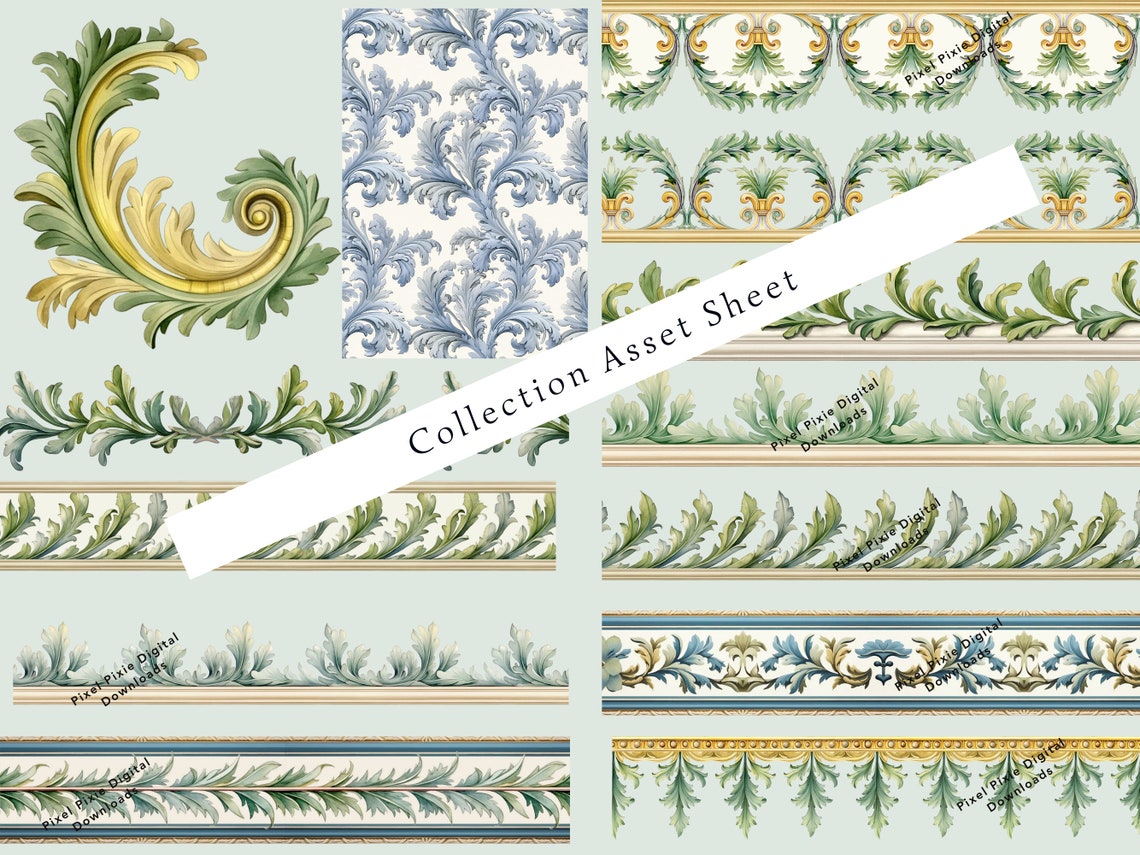 Watercolor Acanthus Foliage Borders: Seamless PNG Clipart (digital ...
