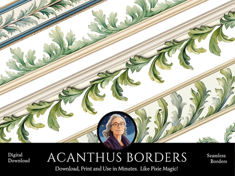 Acanthus Border Clipart PNG, Watercolor Foliage Border, Seamless ...