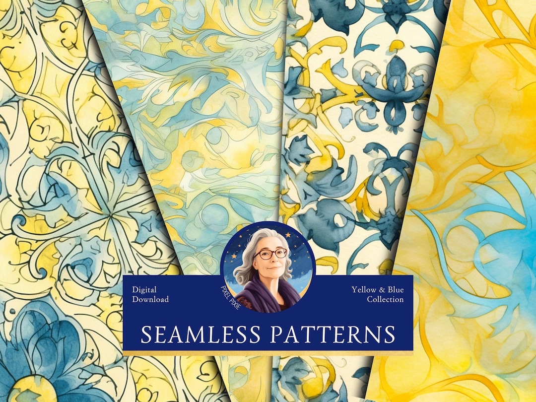 Medieval Watercolor Backgrounds in Blue and Yellow Seamless Digital ...