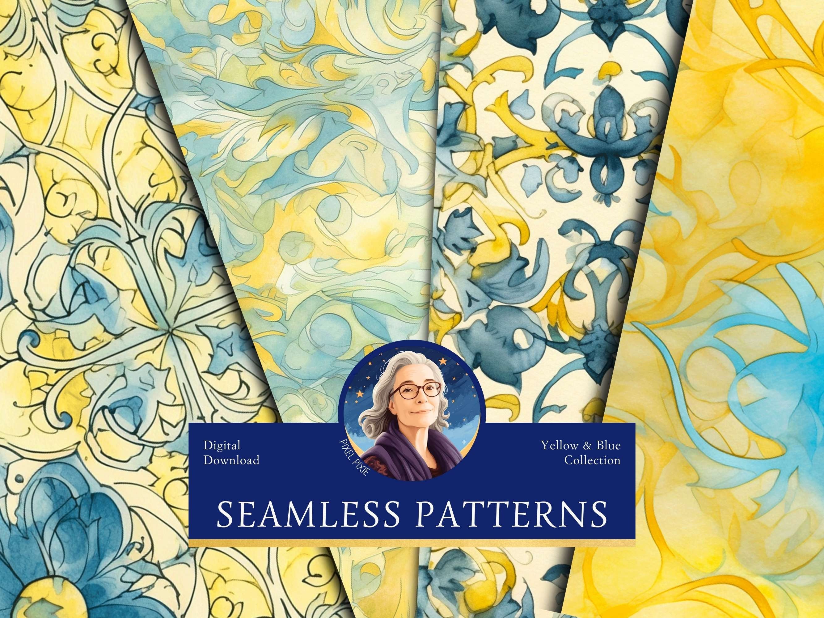Medieval Watercolor Backgrounds in Blue and Yellow Seamless Digital ...