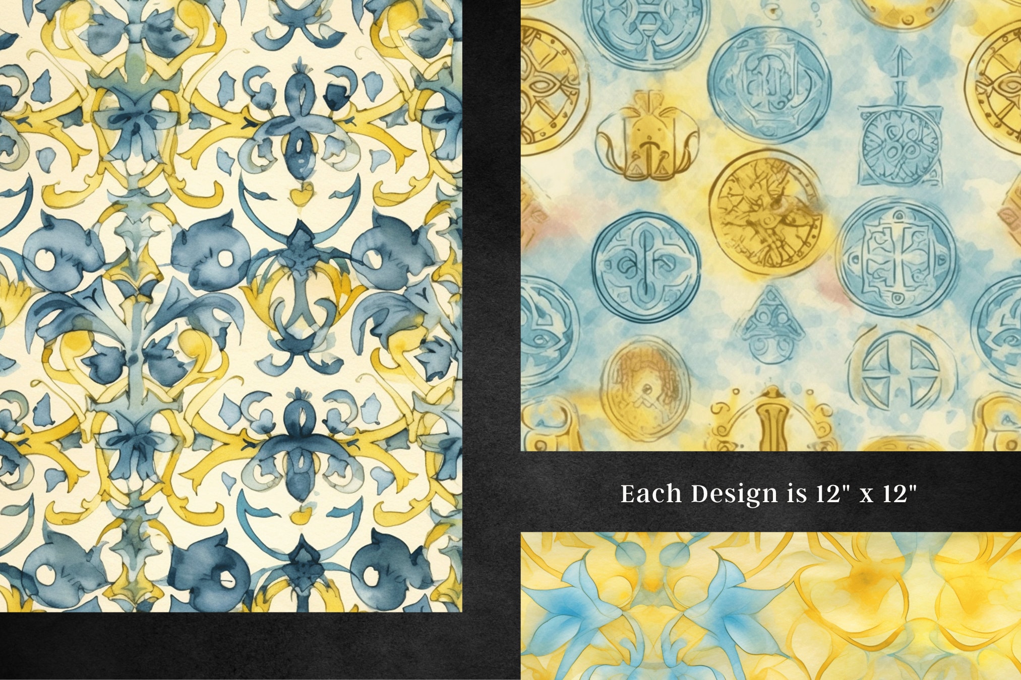 Medieval Watercolor Backgrounds in Blue and Yellow Seamless Digital ...