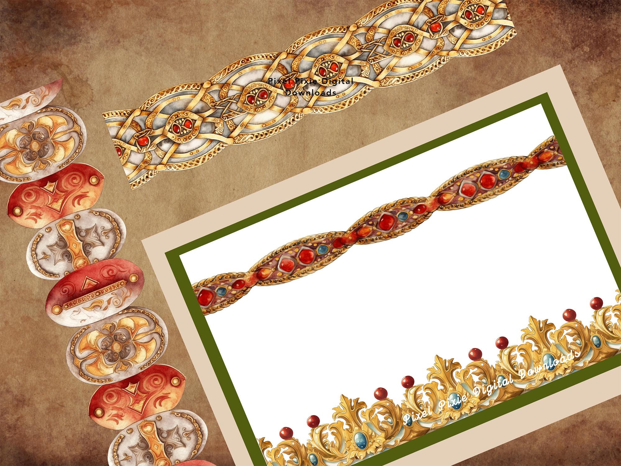 Medieval Gothic Borders: Red & Gold Seamless Clipart (PNG Digital ...