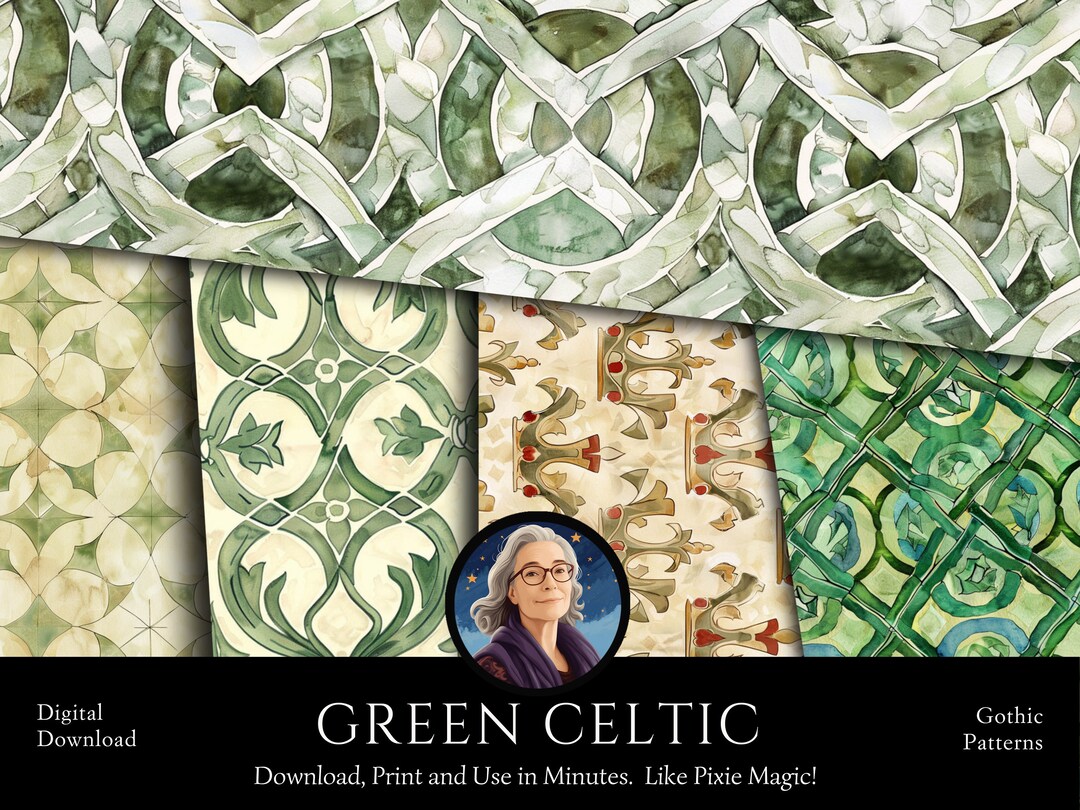 Print Medieval Gothic Patterns in Green, Printable Papers, Celtic ...