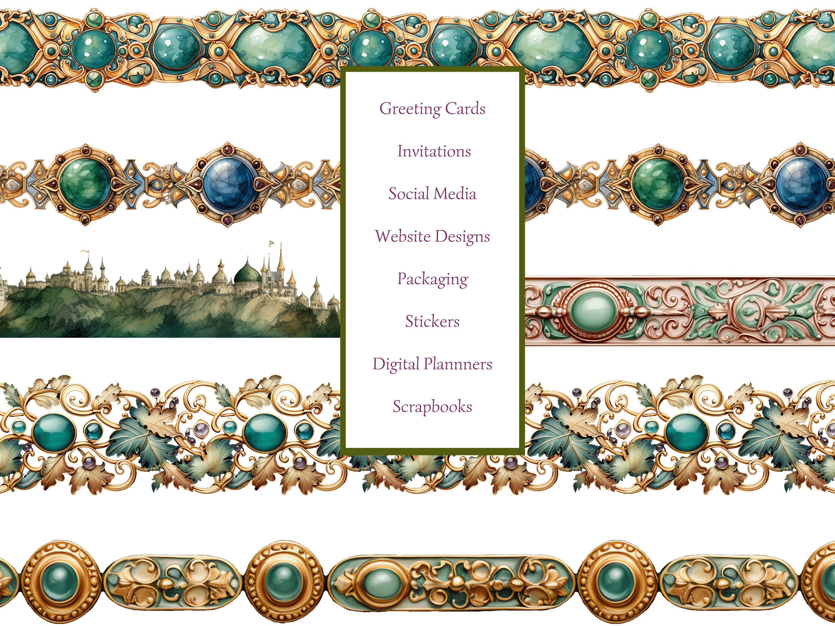 Medieval Borders in Green and Gold, Digital Download, Junk Journal ...